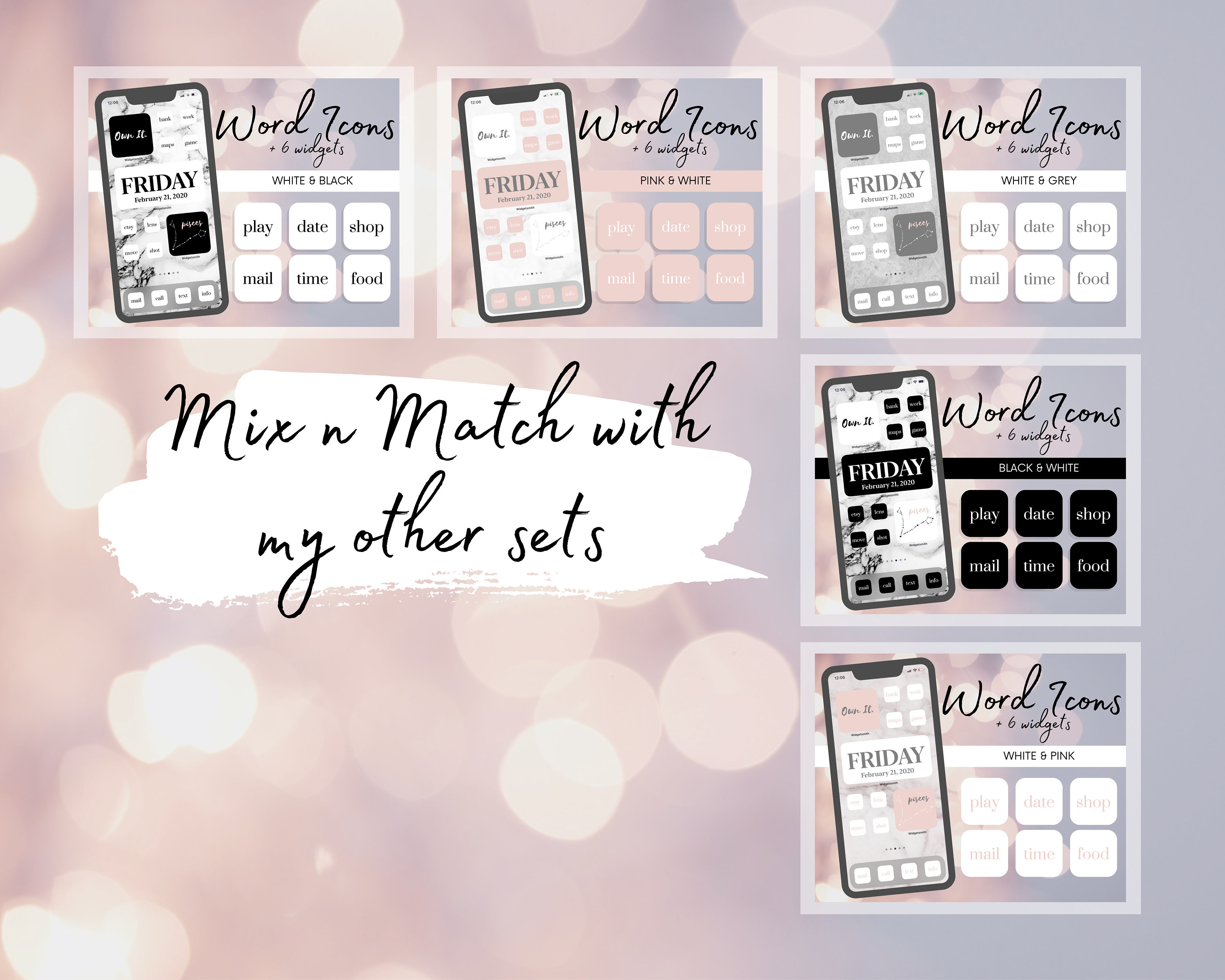 24pk Pink With Grey Word App Icons + 6 Widget Images, All Colour ...