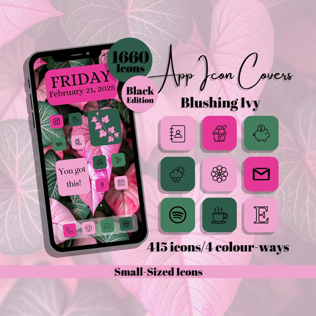Blushing Ivy App Icons: Black Edition - Pink Green Theme, Small Icon ...