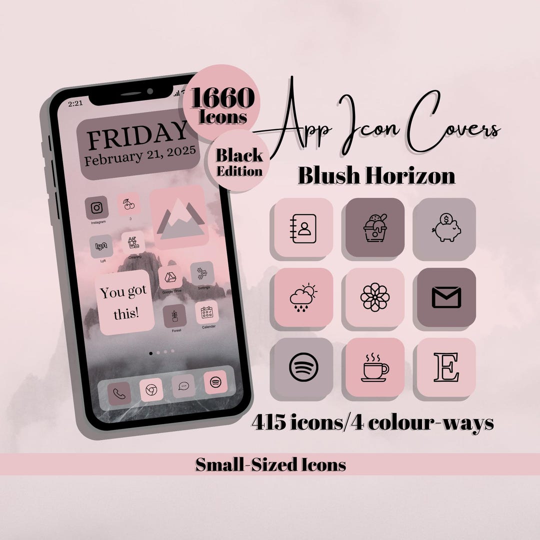 Blush Horizon App Icons: Black Edition - Pink Grey Theme, Small Icon ...