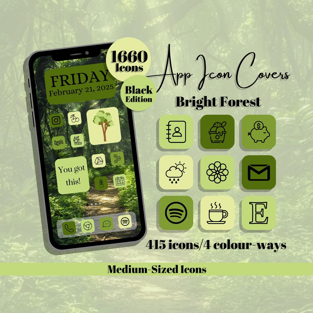 Bright Forest App Icons: Black Edition - Green Theme, Medium Icon Size ...