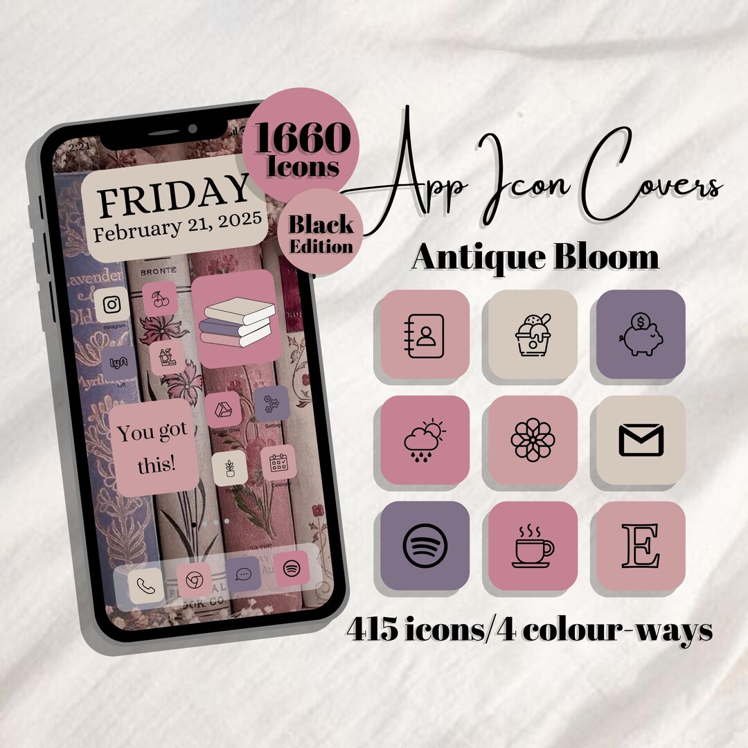 Antique Bloom - Black Edition App Icons: Pink, Purple, Cream, & Black ...