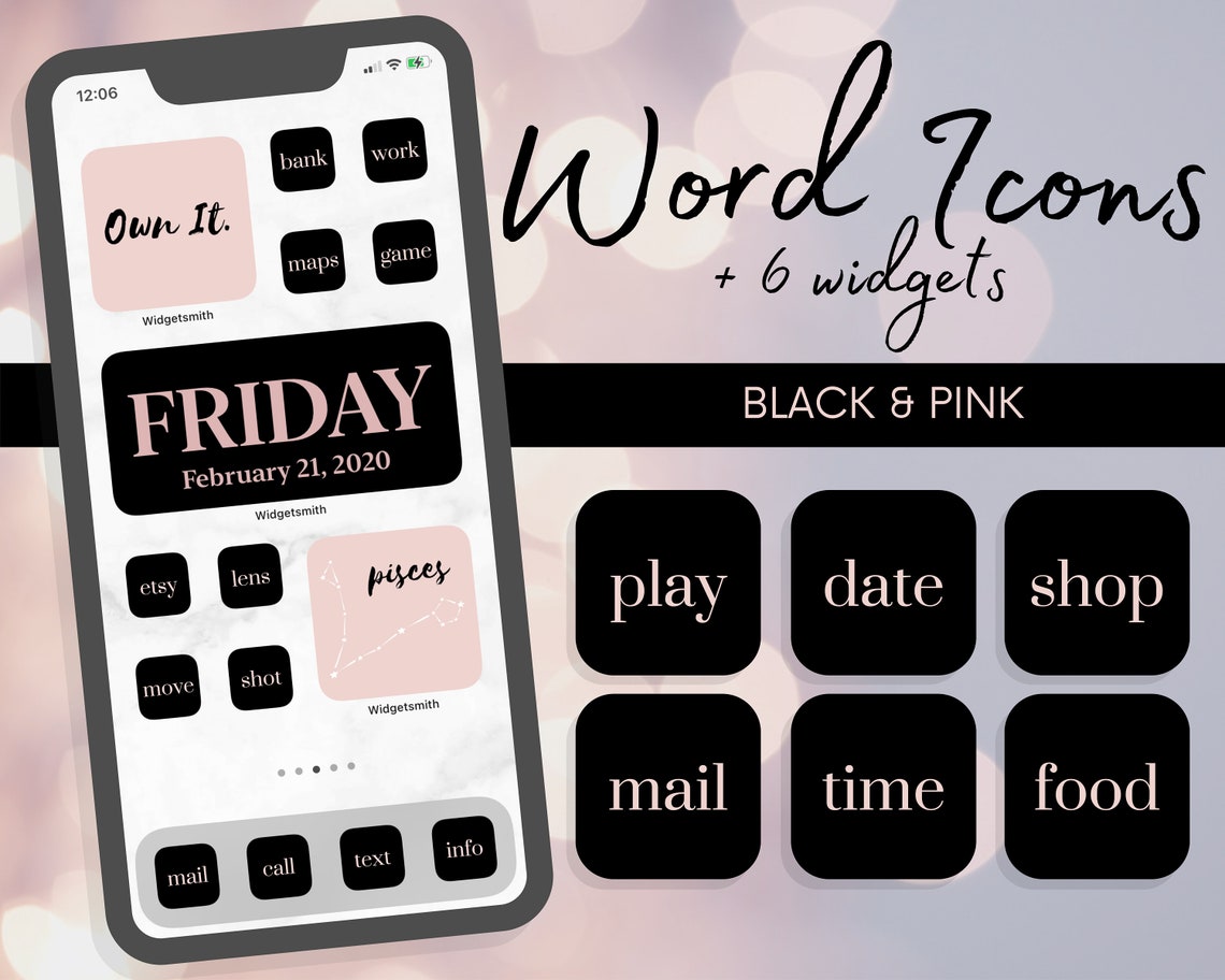 24pk Black With Pink Word App Icons + 6 Widget Images, All Colour ...