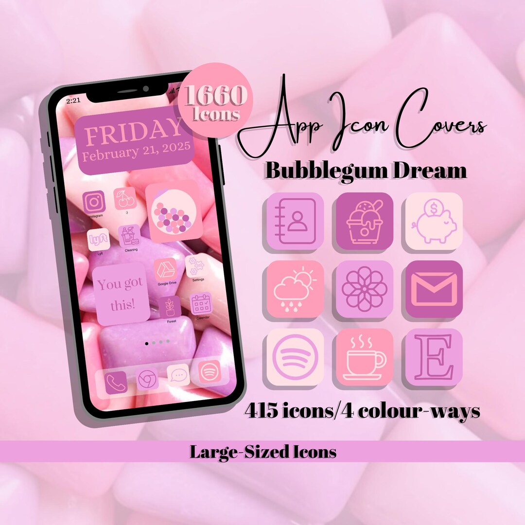 Bubblegum Dream App Icons - Pink Purple Theme, Large Icon Size (digital ...
