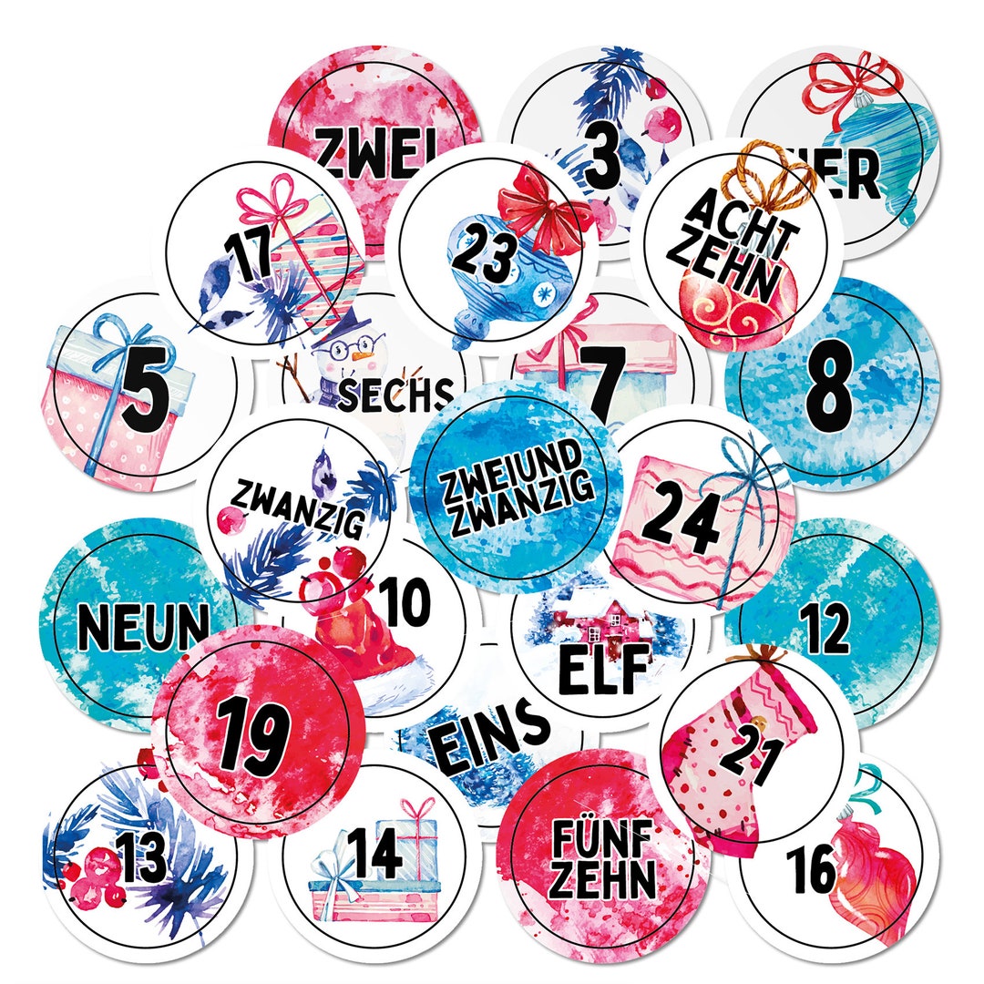 Advent Sticker Set Watercolor Red Blue Round Craft Advent Sticker Y048 ...
