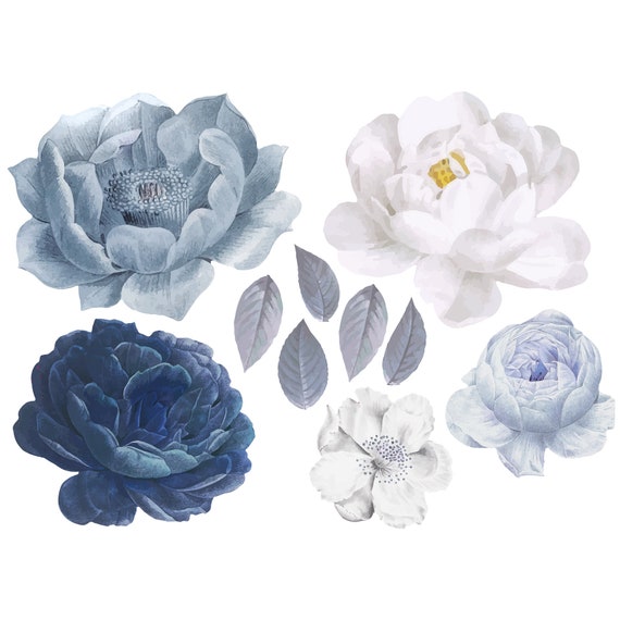 Watercolor Floral Blue Wall Decal Mural Sticker Foil Wall | Etsy