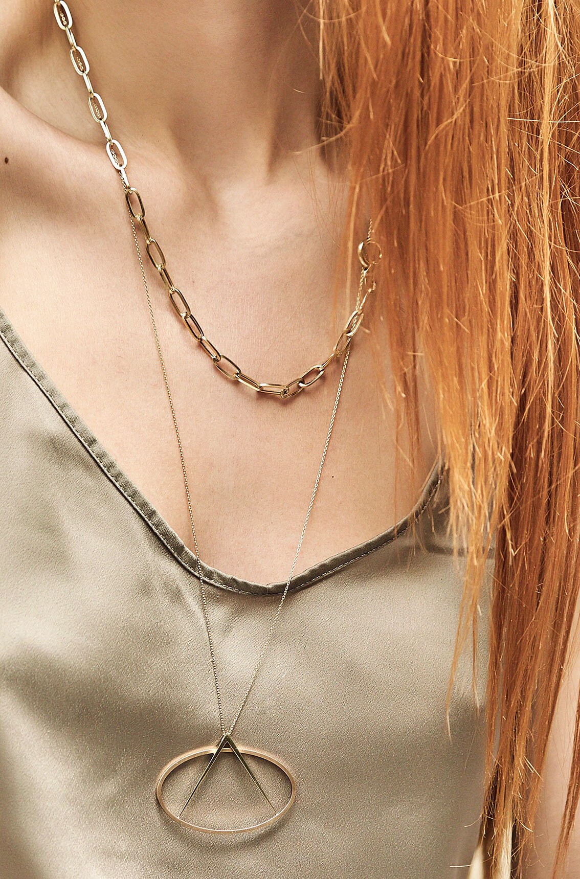 14k Solid Gold Ellipse Necklace: Two-tone Geometric Pendant - Etsy