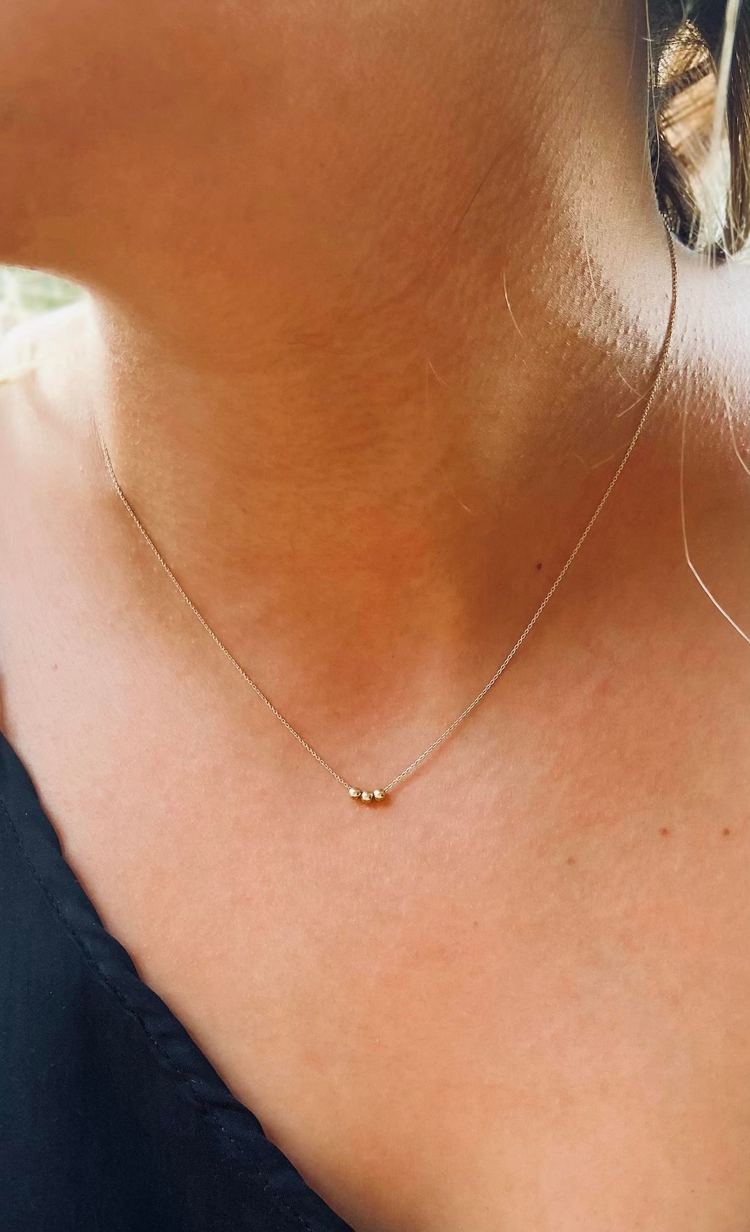14k Solid Gold Necklace, Three Spheres on Chain, Minimalistic Style ...