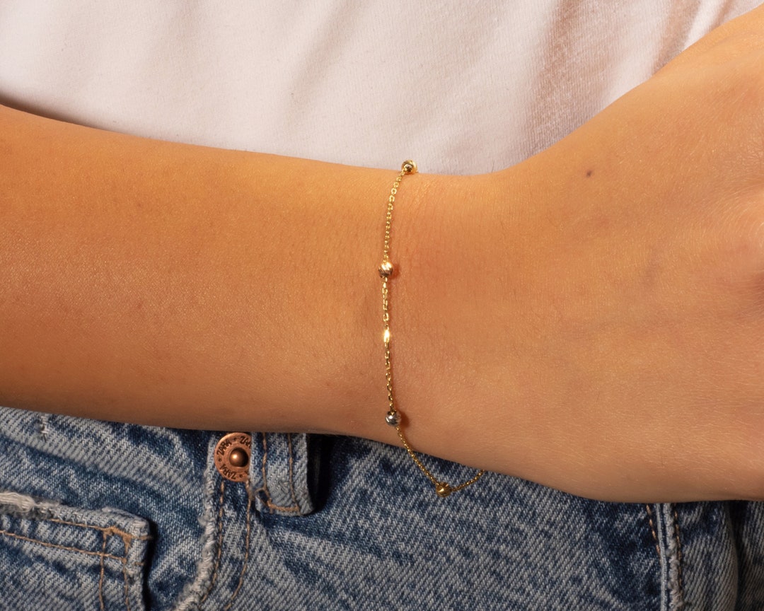 14k Solid Gold Bracelet, Gold Ball Chain Bracelet, Bead Chain Wristlet ...