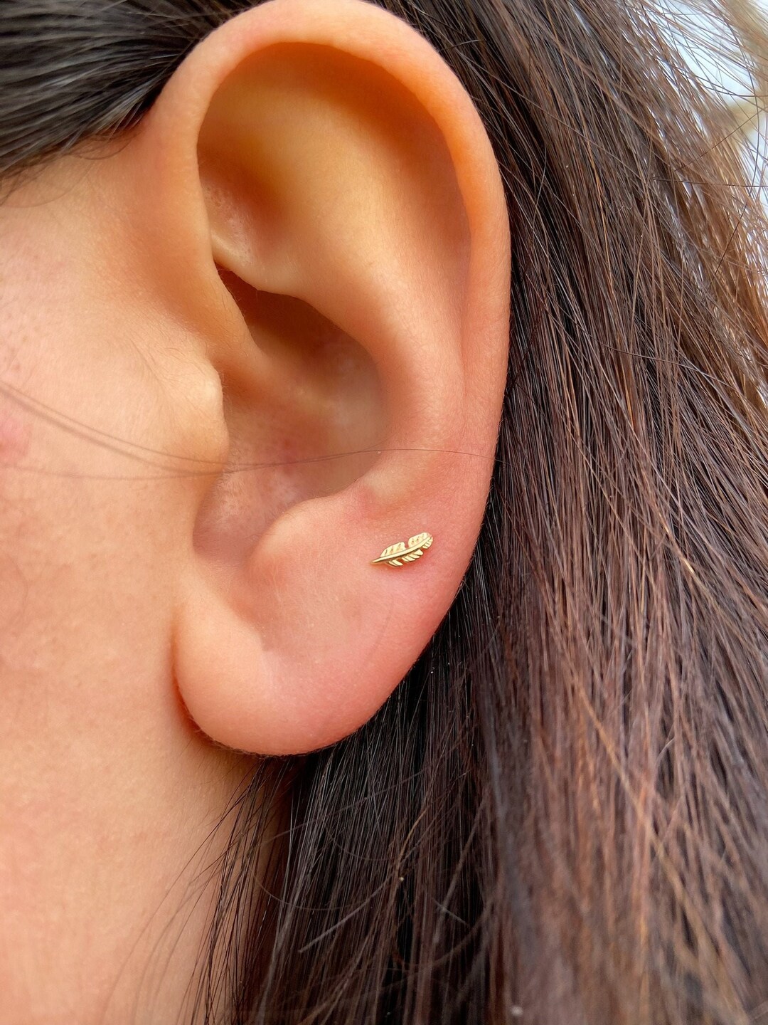 14k Gold Feather Ear Stud, Plume Piercing for Tragus and Helix, Quill ...