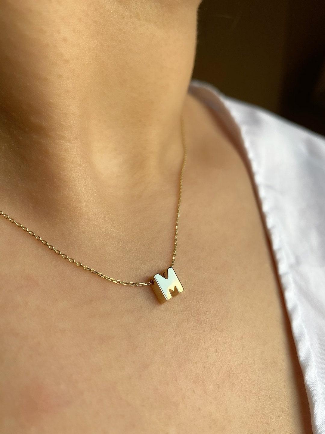 14k Solid Gold Initials Necklace, Small Letters Pendant, Custom Letter ...