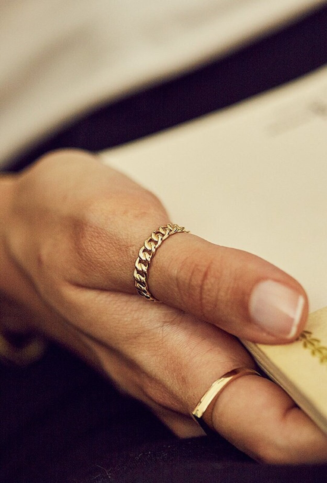 14k Solid Gold Curb Chain Ring: Minimalist Stacking Band - Etsy
