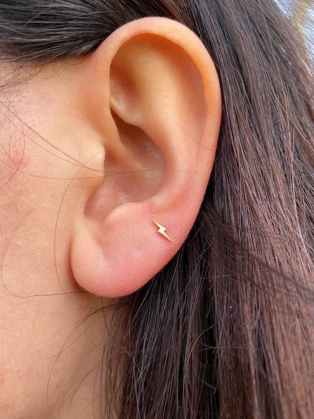 14k Solid Gold Stud, Lightning Bolt Stud, Mini Bolt Tragus Piercing ...