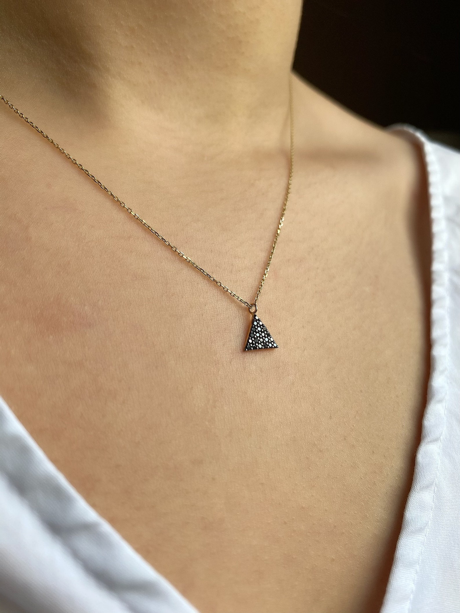 14k Solid Gold Triangle Necklace Black Diamond Necklace - Etsy