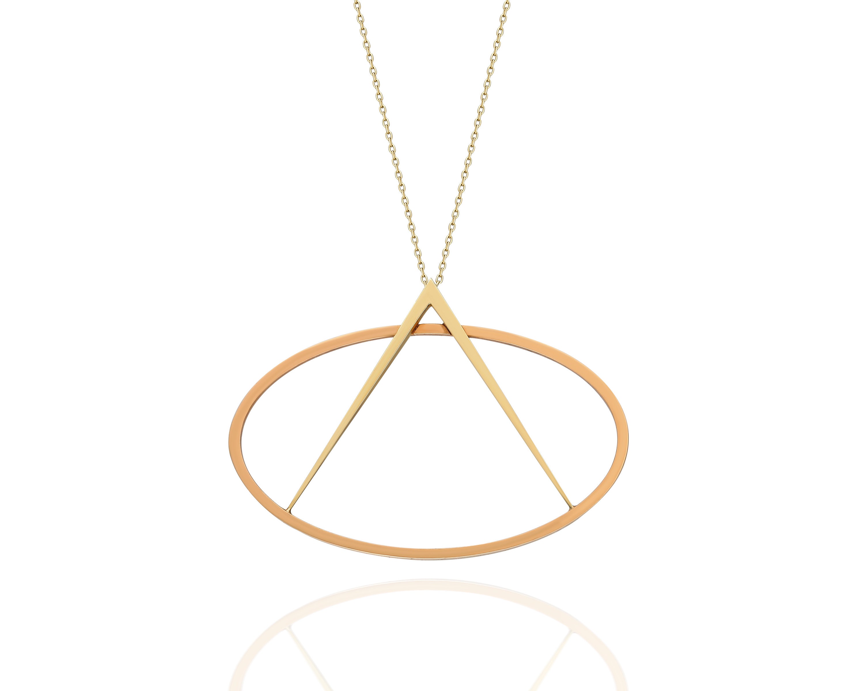 14k Solid Gold Ellipse Necklace: Two-tone Geometric Pendant - Etsy