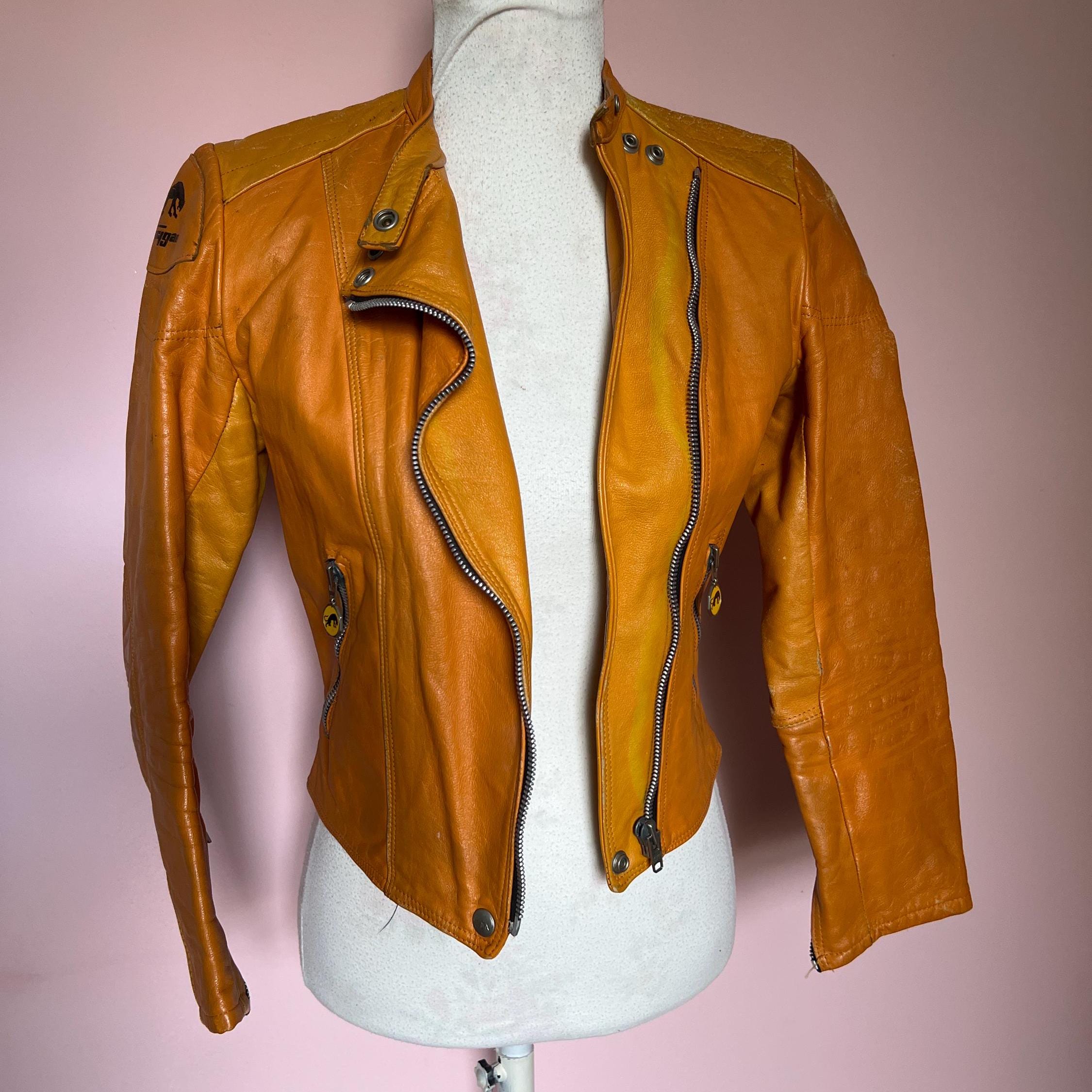 Orange Leather Biker Jacket Zip-up Vintage French Furygan Fury Loisirs ...