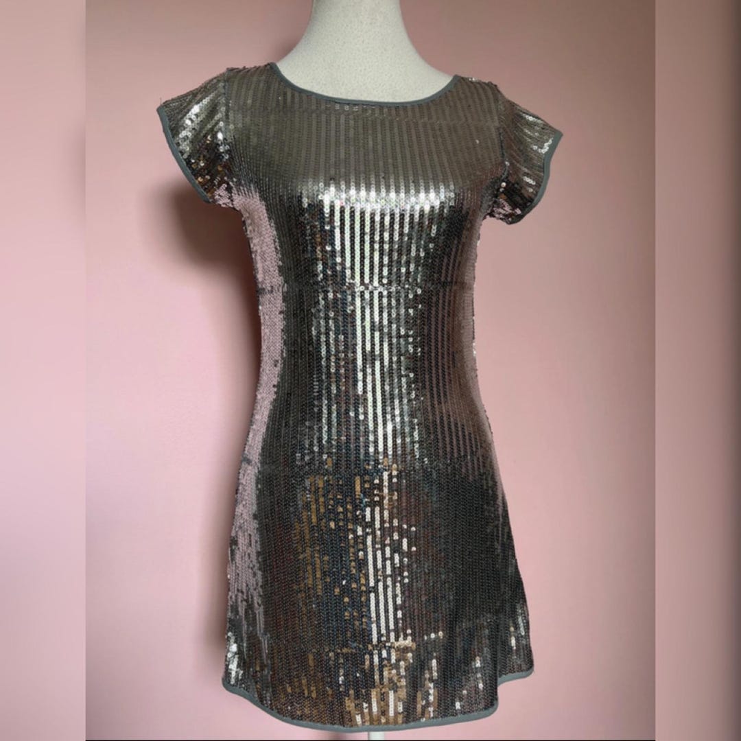 Silver Sequin Micro Mini Dress Metallic Stretch Bodycon Small Medium ...