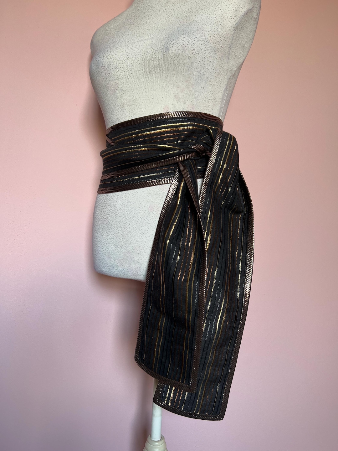 Obi Belt Cummerbund Long Tie Sash | Black Golden Metallic Stripe Extra Long Vintage Boho Luxe ...