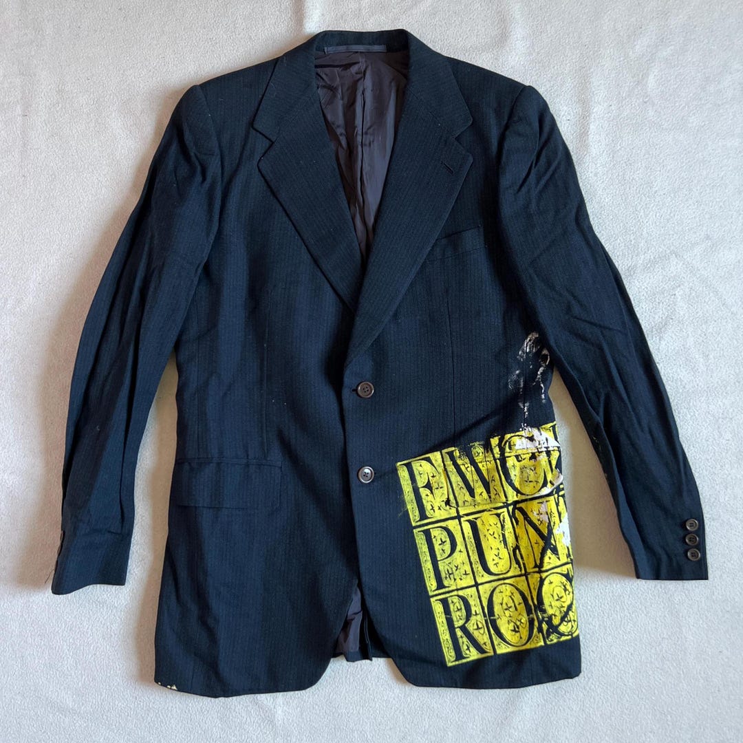 Customised Vintage Suit Jacket Blazer Graphic Print | Navy Pinstripe ...