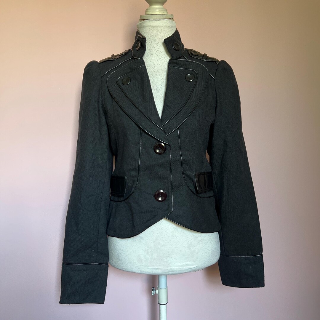 Y2K Military Style Jacket Army Short Cropped Black Felt UK10 36 Small ...