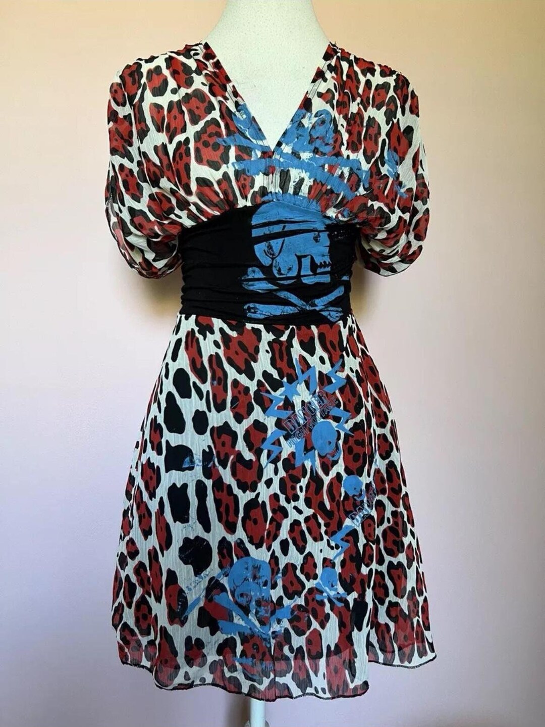 Custom Print Y2K Floaty Dress Babydoll Skater Corset Sash | Red Leopard ...