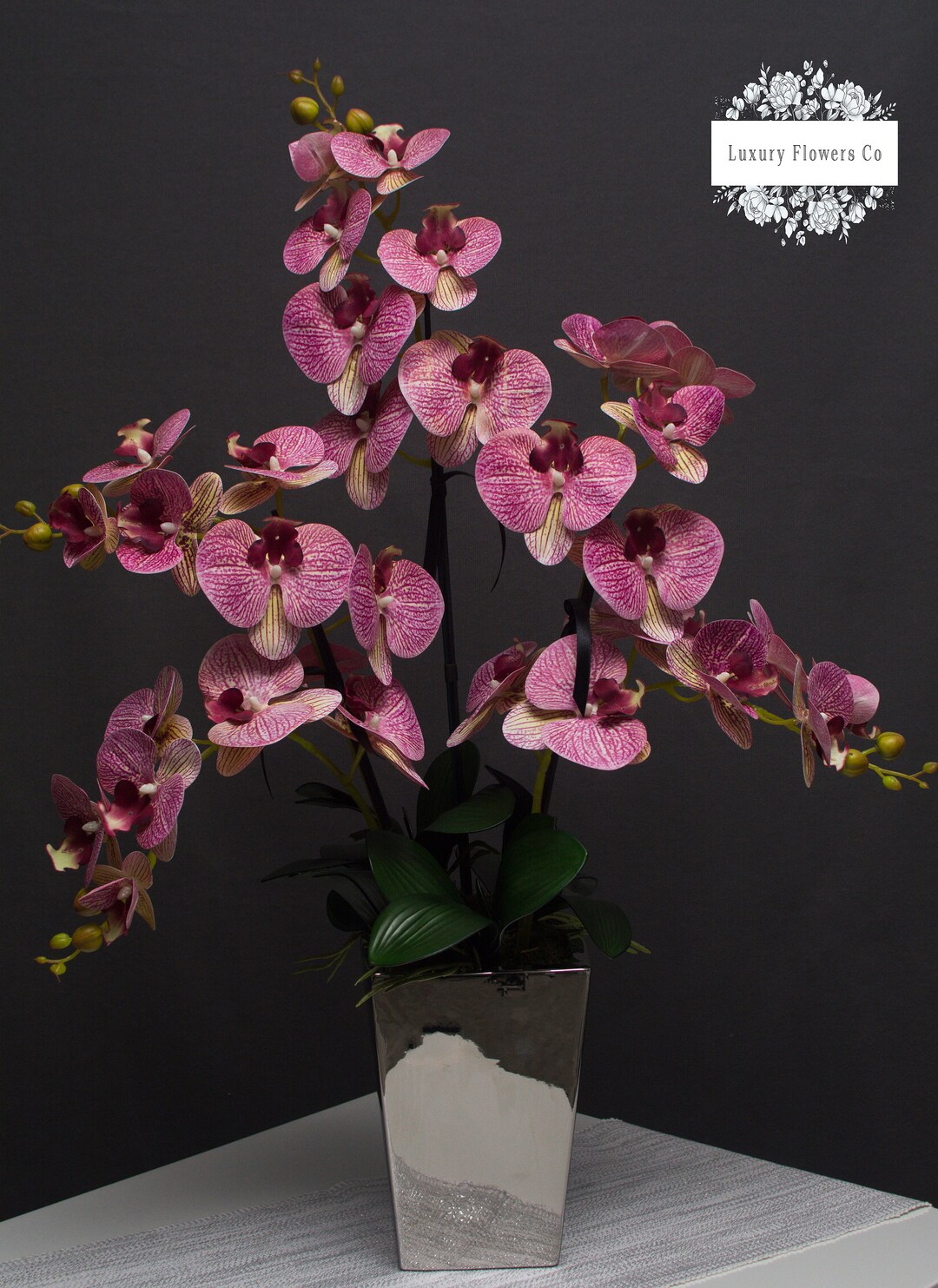 Artificial Real Touch Orchid Arrangement in a Tall Silver Ceramic Vase ...