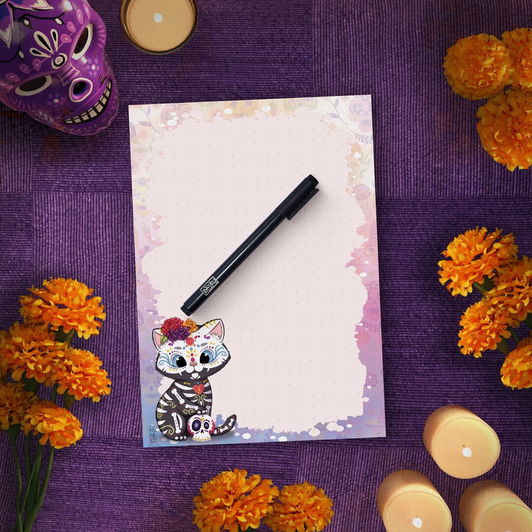 Kawaii Sugar Skull Neko Notepad, Día De Los Muertos Writing Pad, Cute ...