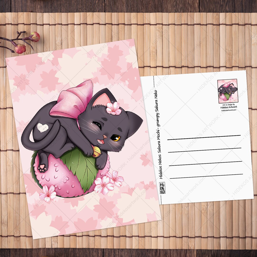 Grumpy Sakura Neko Postcard, Sakura Mochi With Grumpy Black Cat - Etsy
