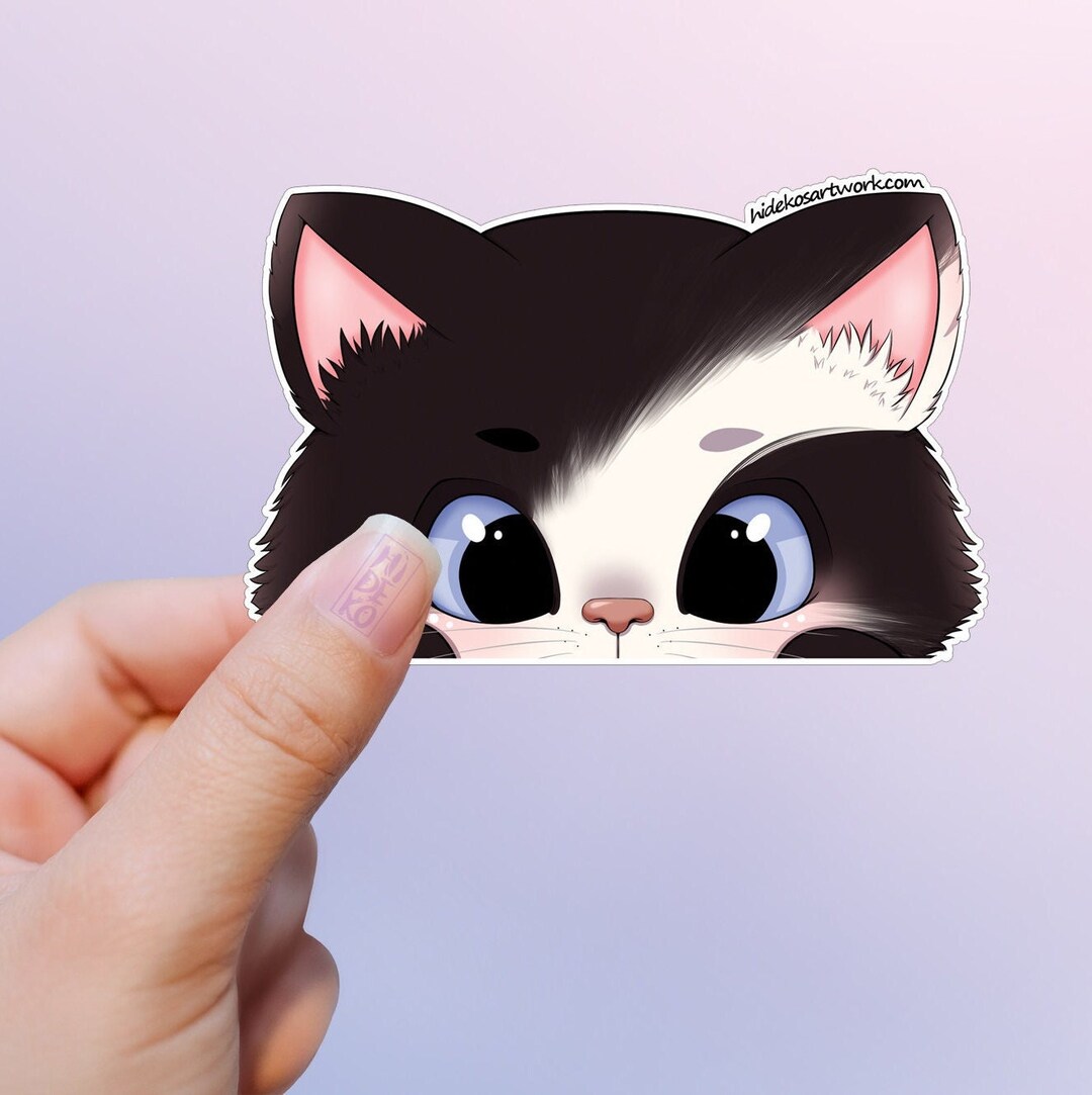 Kawaii Black White Neko Peeker Sticker, Manga Anime Laptop Sticker ...
