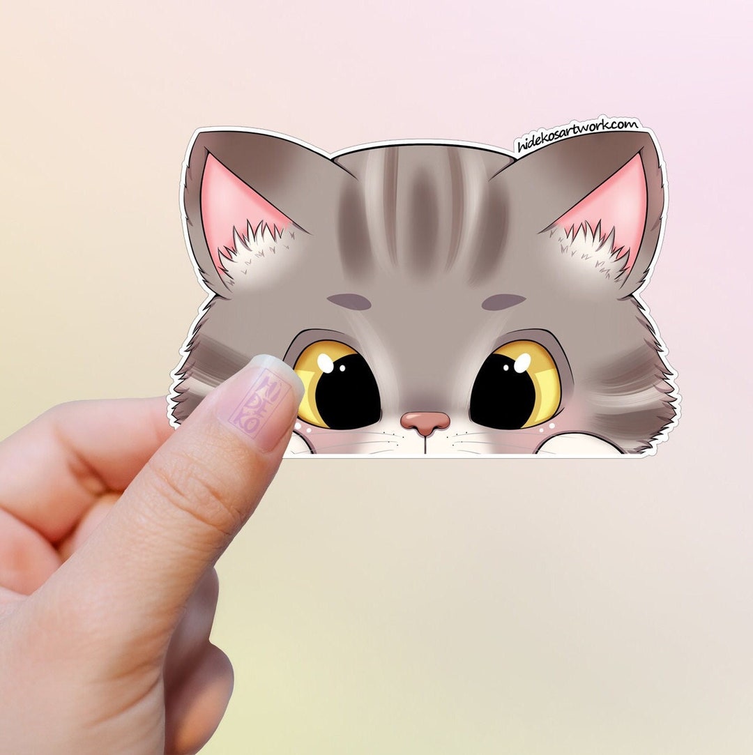 Kawaii Grey Tiger Neko Peeker Sticker, Manga Anime Laptop Sticker ...