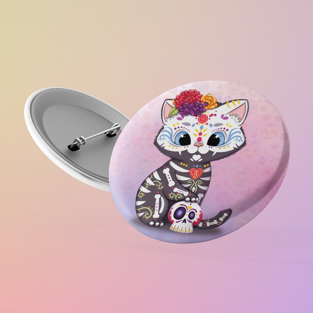 Kawaii Sugar Skull Neko Button Día De Los Muertos Holo - Etsy