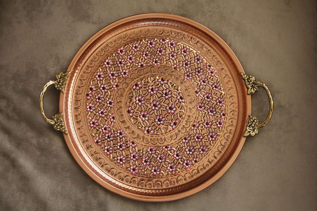 Handmade Copper Serving Tray, Round Tray, Large Tray, Vintage Tray ...