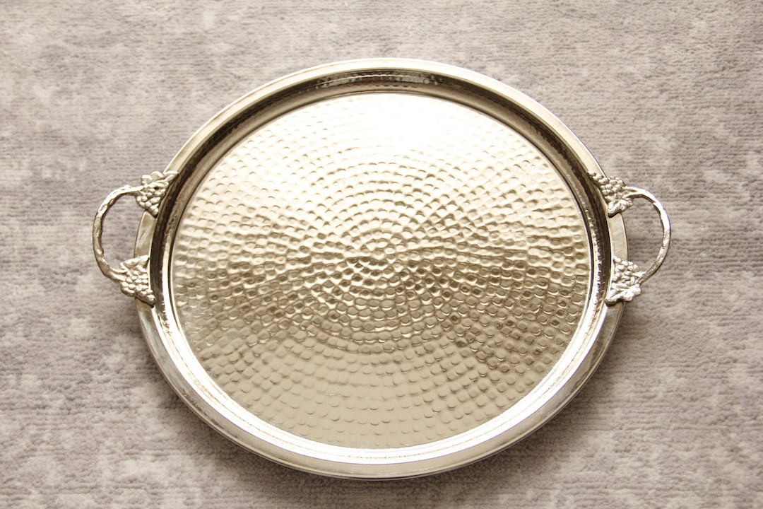 Handmade Copper Serving Tray, Hand Hammered, Silver Plated, Round Tray ...