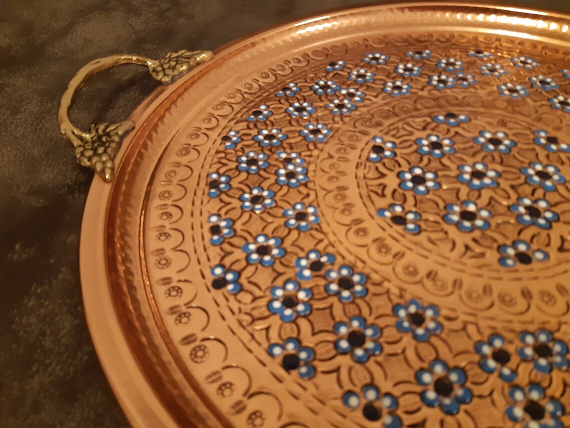 Handmade Copper Serving Tray, Round Tray, Large Tray, Vintage Tray ...