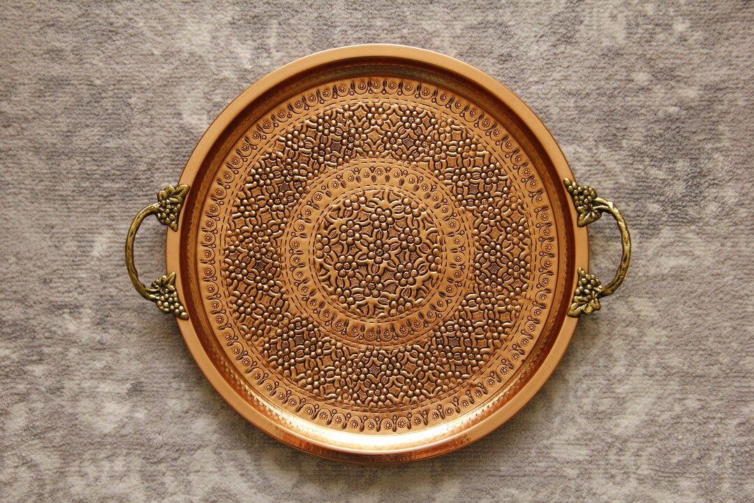 Handmade Copper Serving Tray, Round Tray, Large Tray, Vintage Tray ...