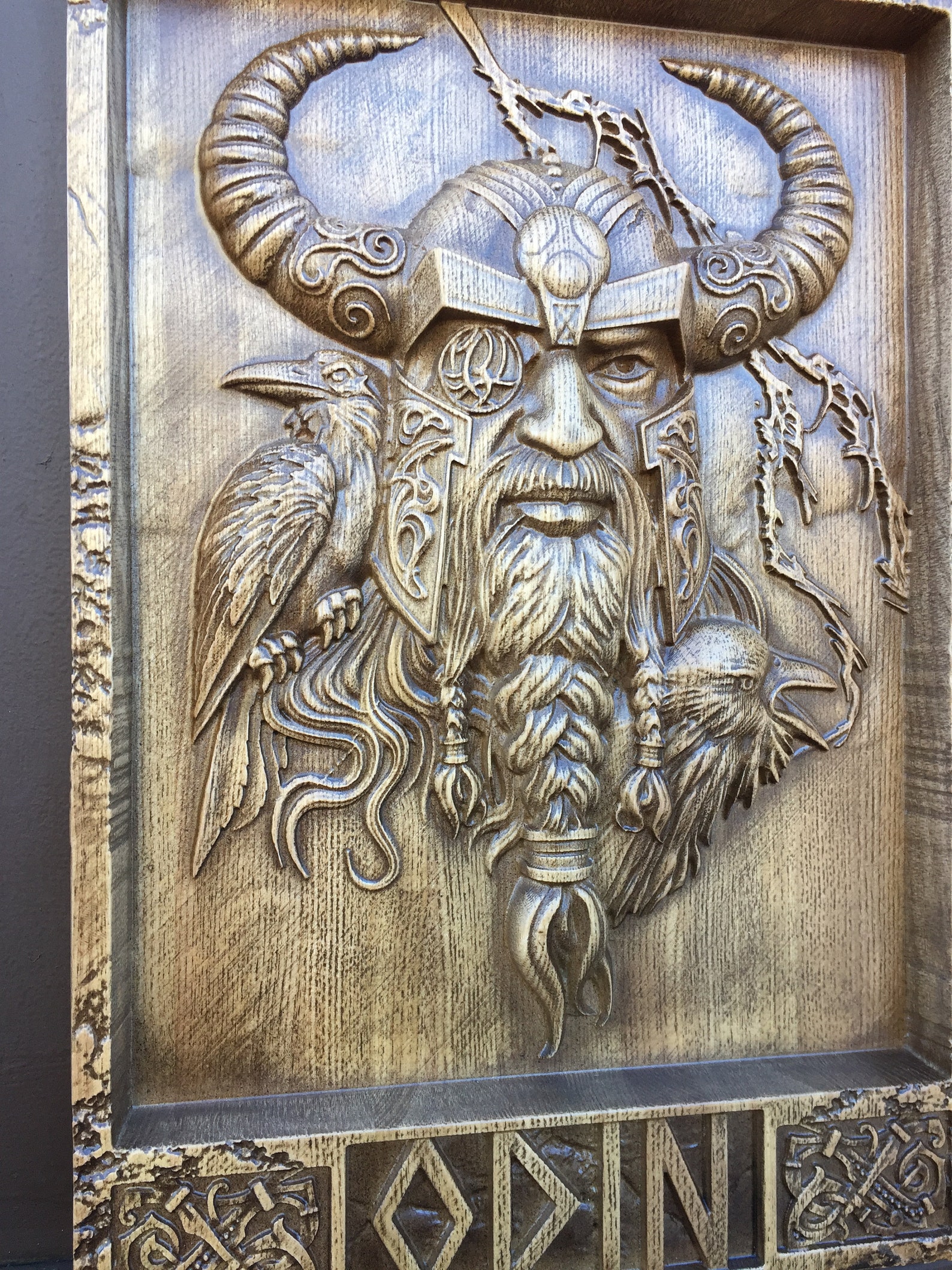 Odin Norse Wood Carving, Vikings Wall Woodwork Art, Odin Wall Hanging ...