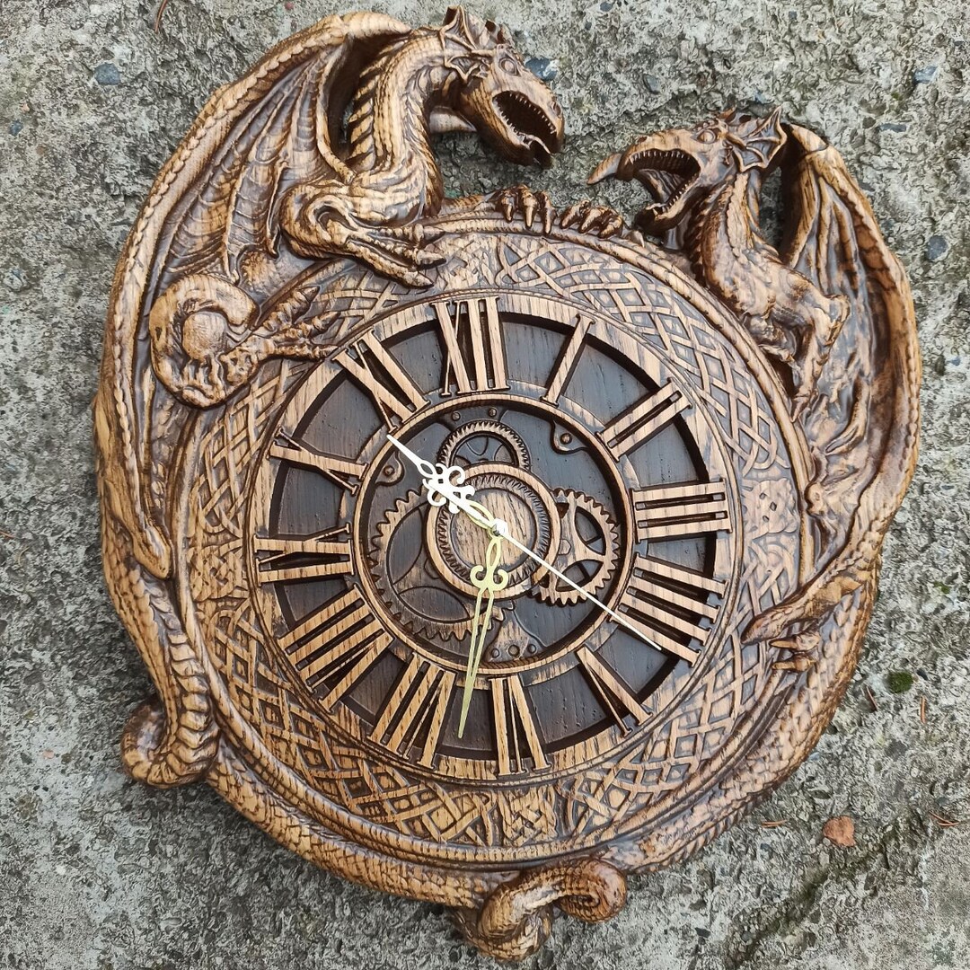 Dragon Clock, Wood Carving, Wall Clock, Wall Decor, Wooden Clock, Large ...
