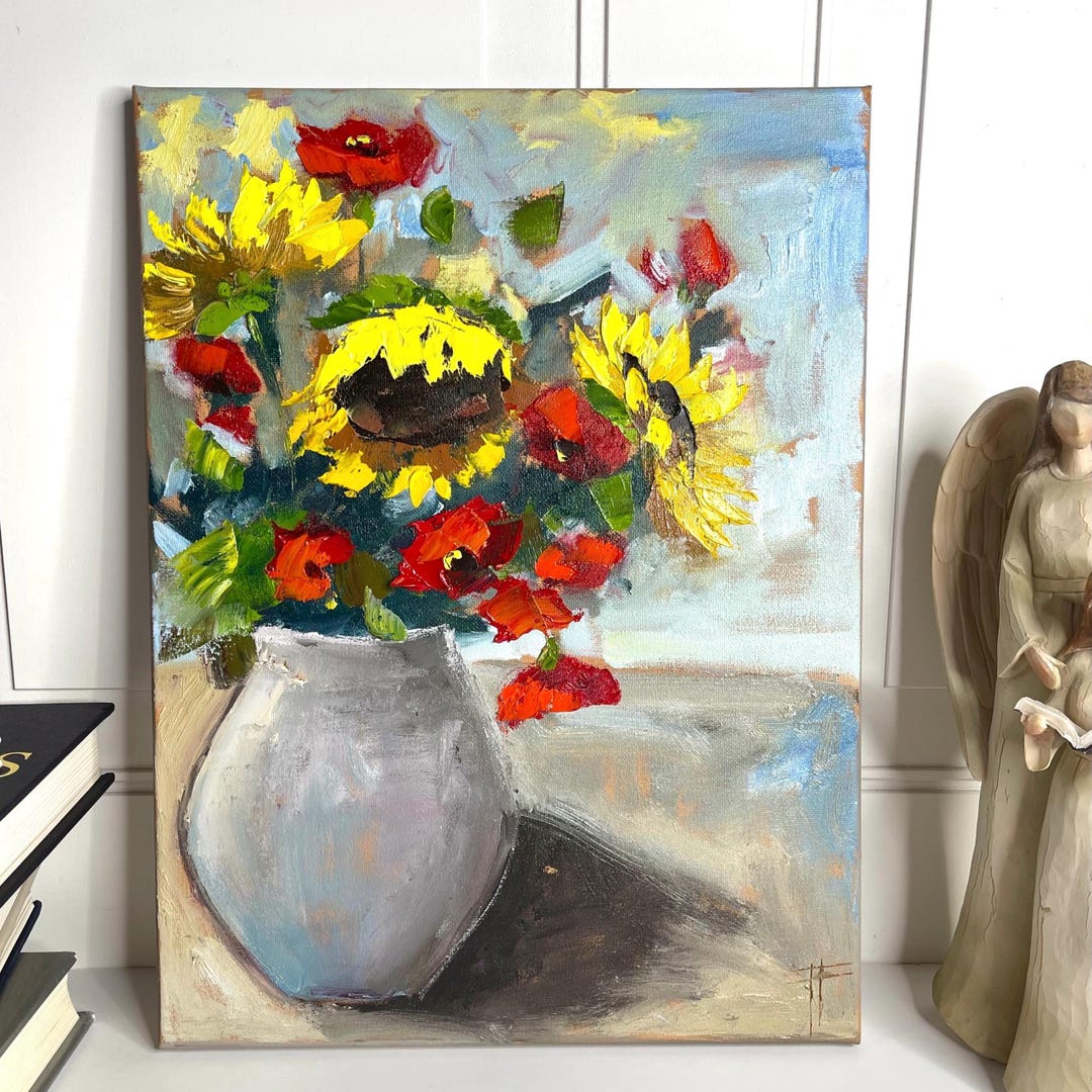 Sunflower Poppies Painting Sunflower Bouquet Original Wall Art Floral ...