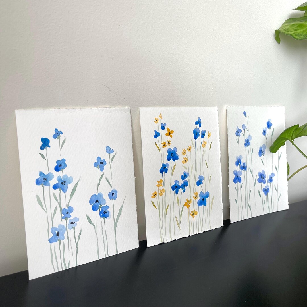 Forget Me Not Painting Triptych Watercolor Painting Original Watercolor ...