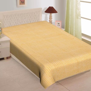Hand Block Print Kantha Quilt: Yellow Polka Dot Cotton Bedspread - Etsy