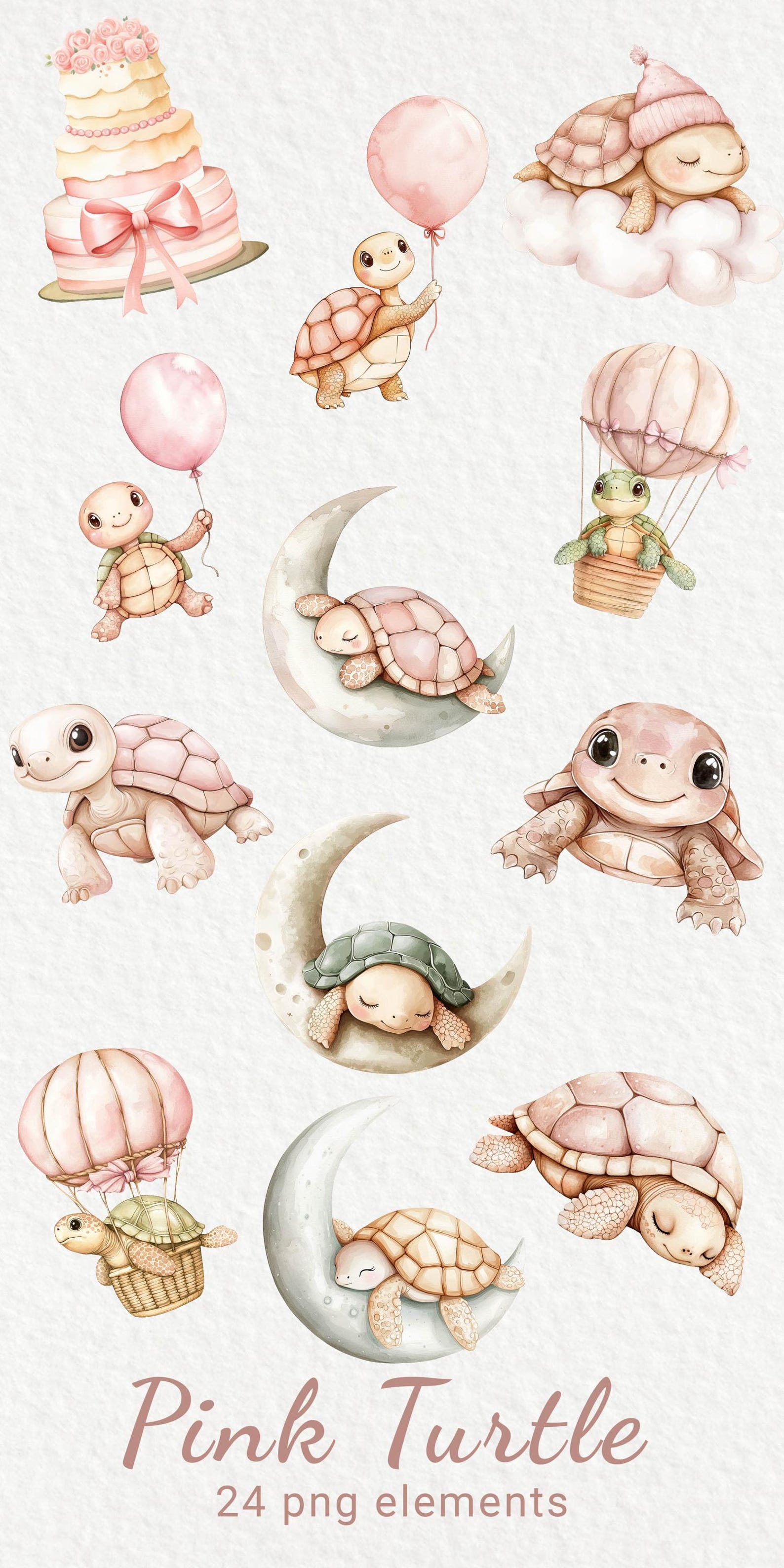 Pink Turtle Nursery Watercolor Clipart 24 PNG Cute Turtle, Animals ...