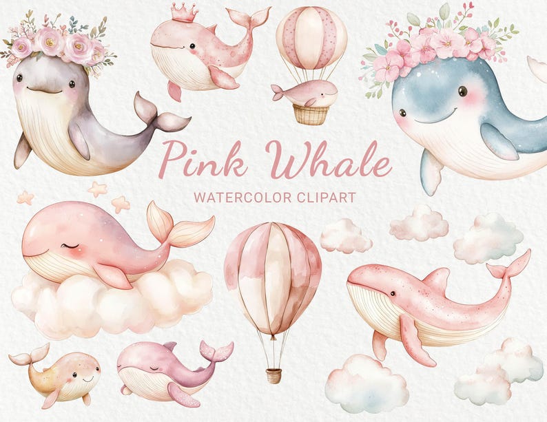 Pink Whale Nursery Watercolor Clipart - 24 PNG Cute Marine Decor Clip ...