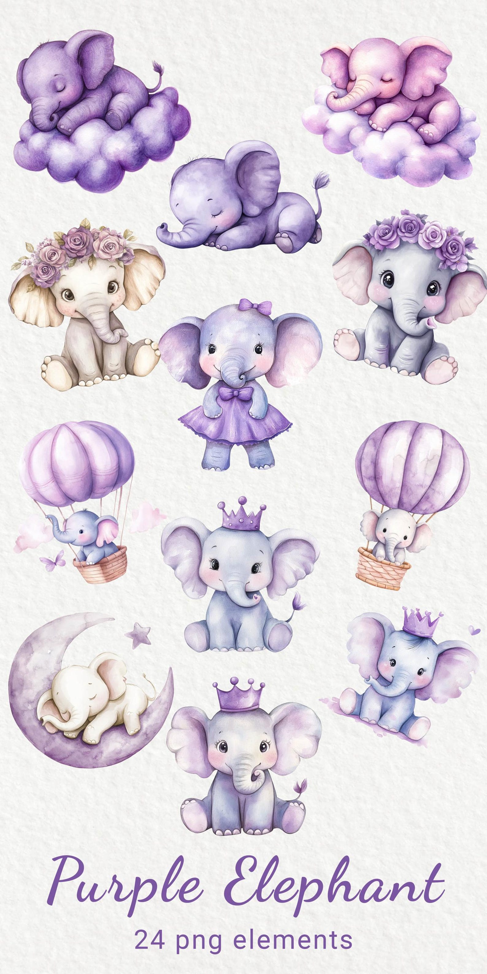 Purple Elephant Nursery Watercolor Clipart - 24 PNG Safari Animals in ...