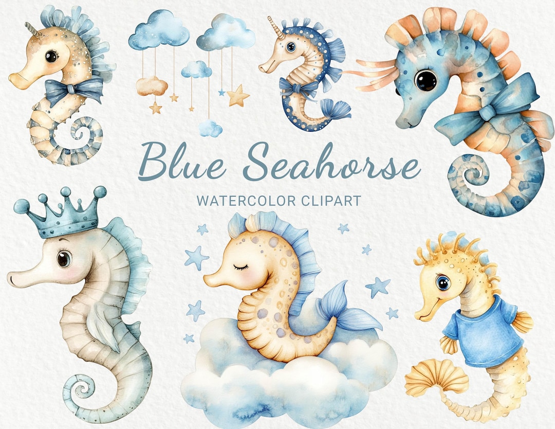 Blue Seahorse Clipart - 24 PNG Watercolor Nautical Clipart, Sea ...