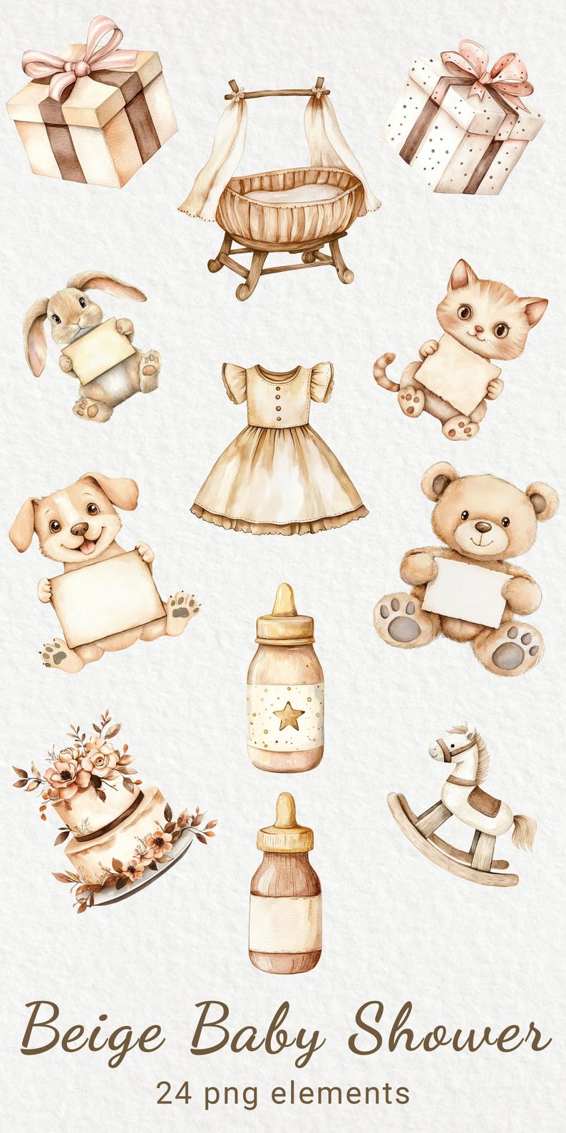 Beige & Brown Baby Shower Watercolor Clipart - 24 PNG Cute Nursery Room ...