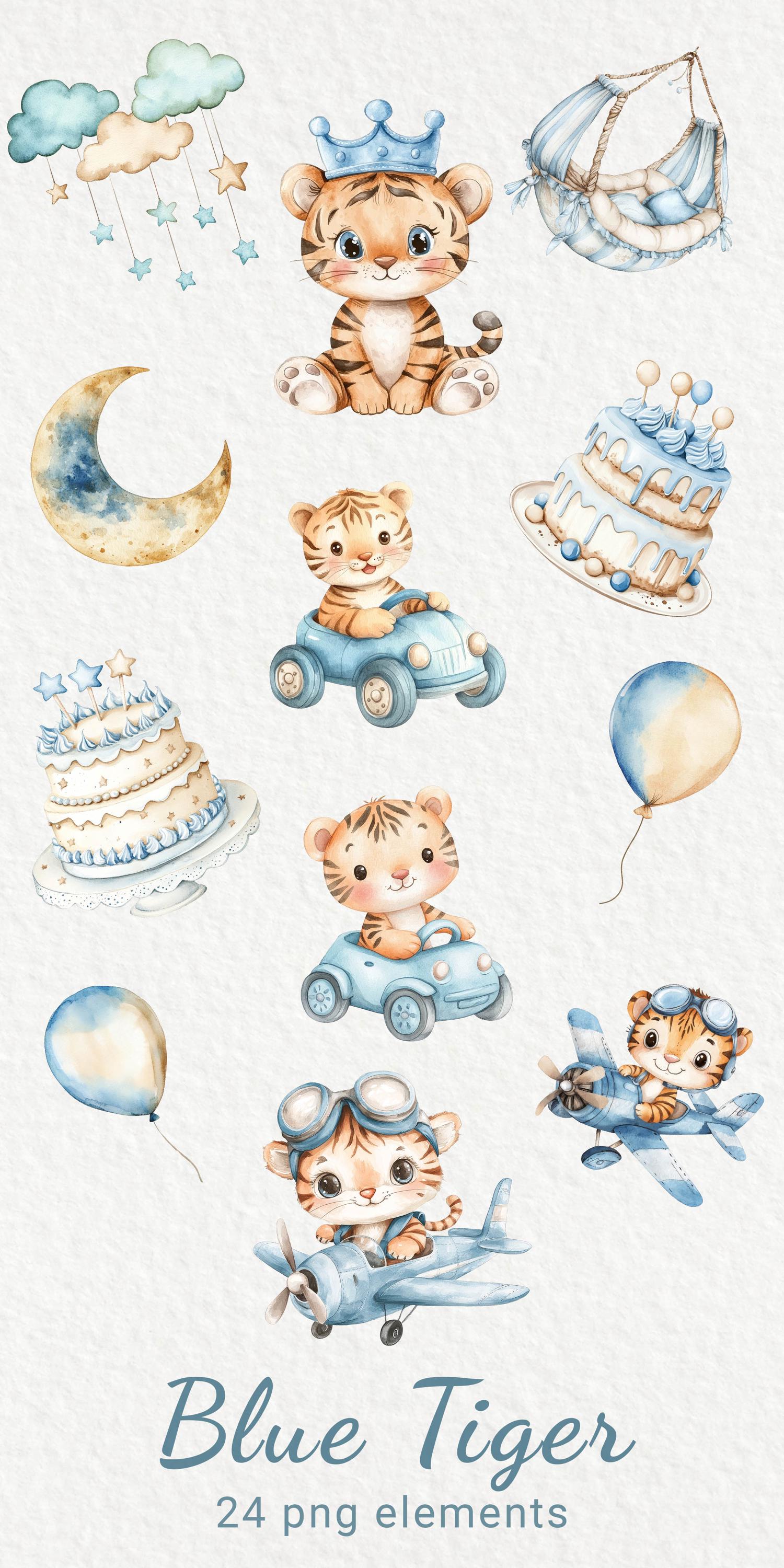 Tiger Blue Nursery Watercolor Clipart - 24 PNG Safari Animals Decor ...