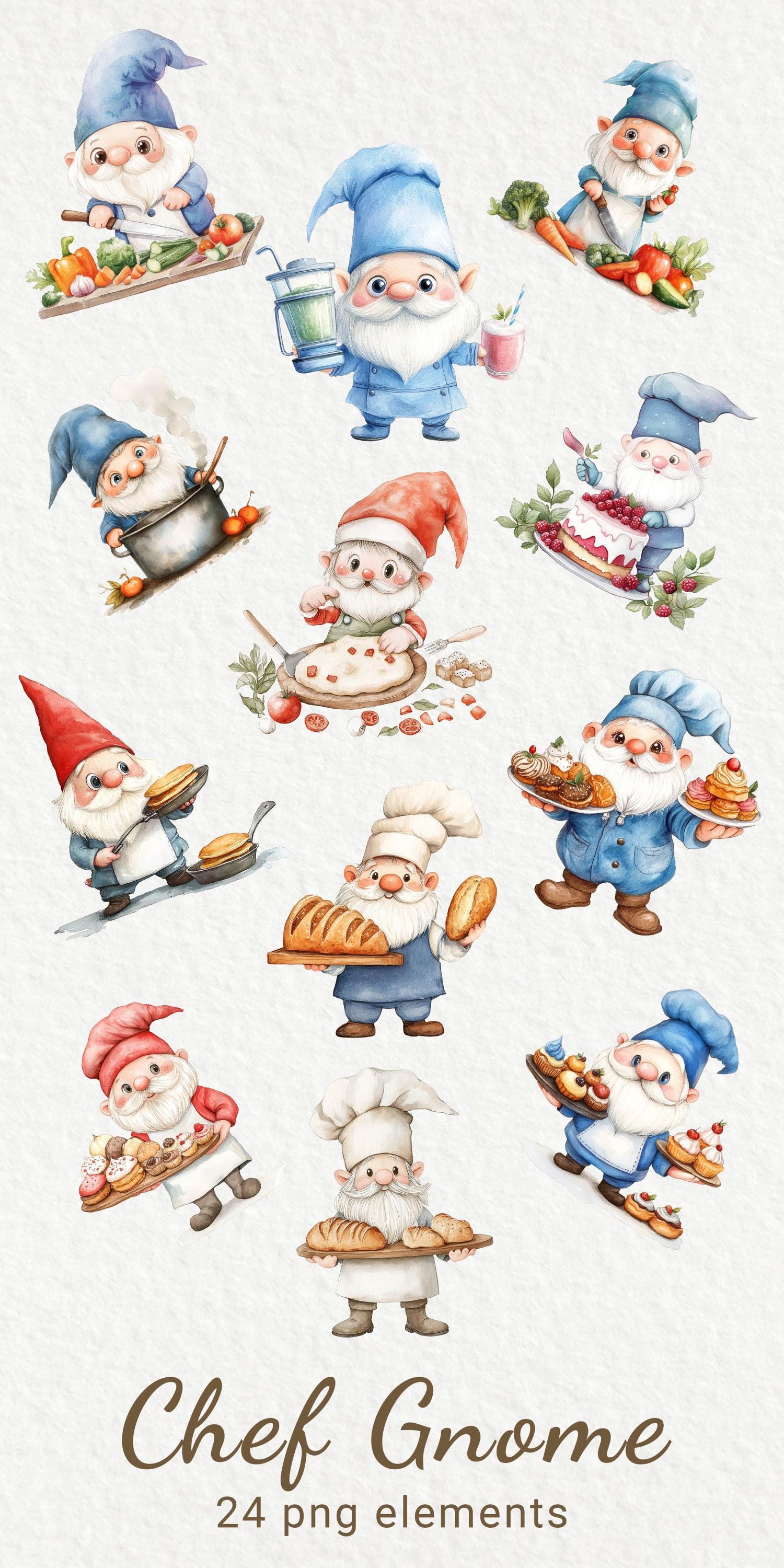 Chef Gnome Clipart - 24 PNG Watercolor Dwarf Cooking, Food-themed ...