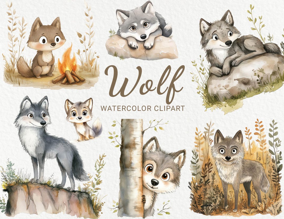 Wolf Clipart - 24 PNG Watercolor Baby Wolf Clip Art, Funny Animals ...