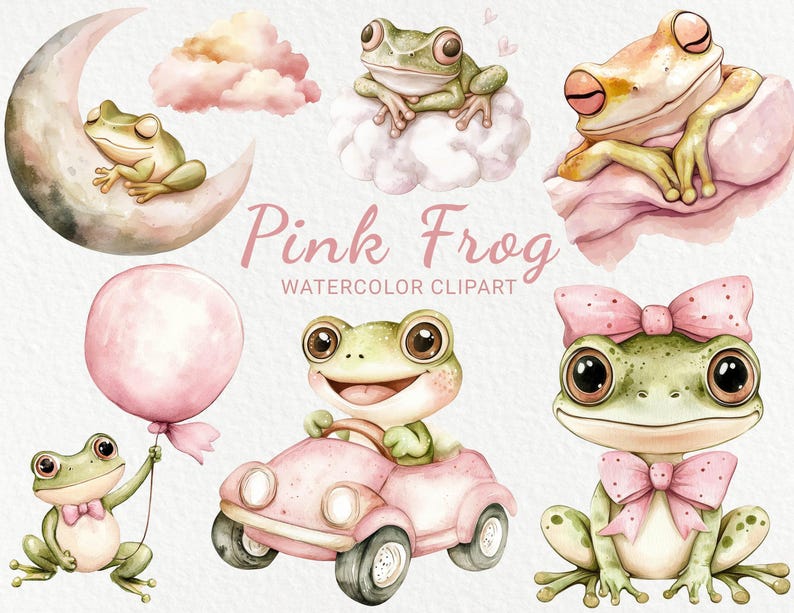 Pink Frog Nursery Watercolor Clipart - 24 PNG Cute Frog in a Crown ...