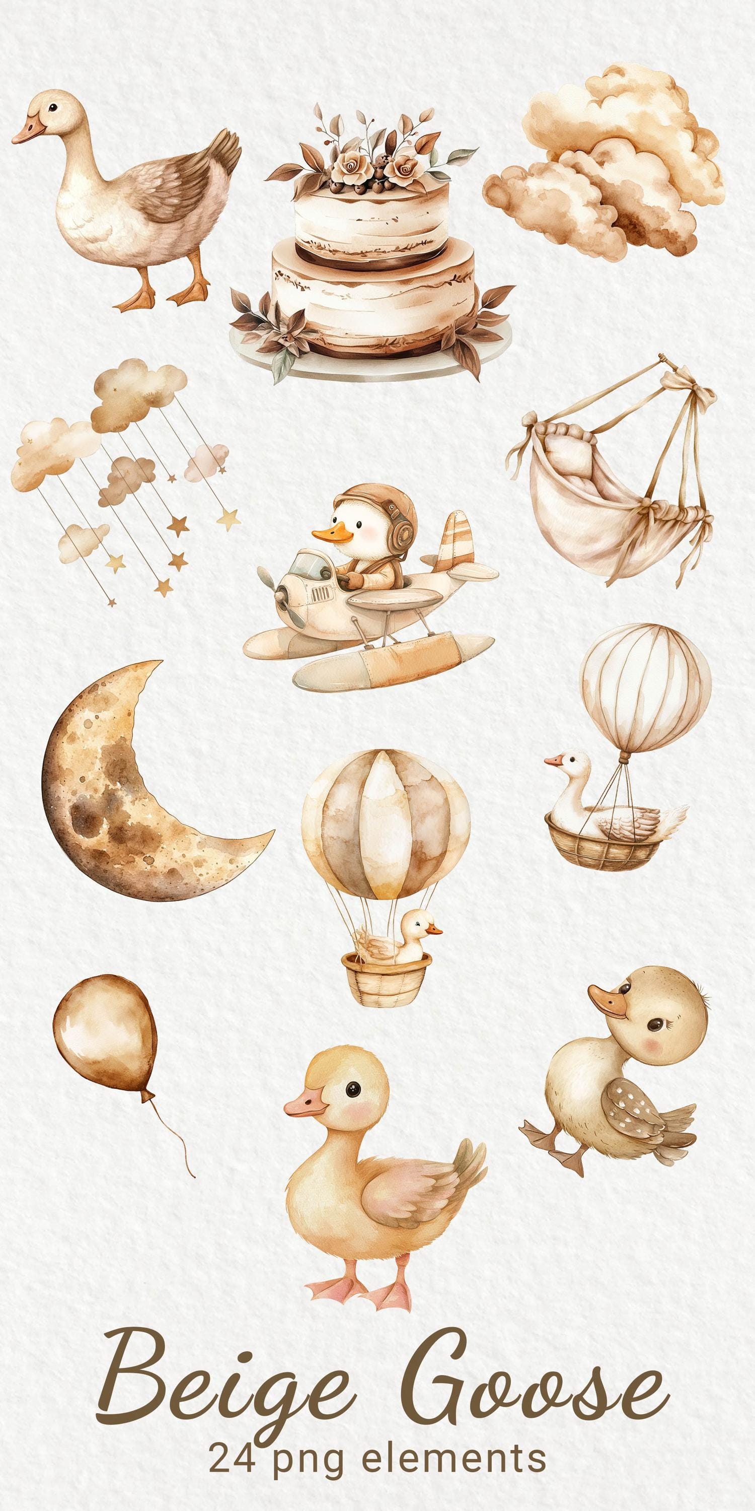Goose Nursery Watercolor Clipart - 24 PNG Cute Goose Beige & Brown ...