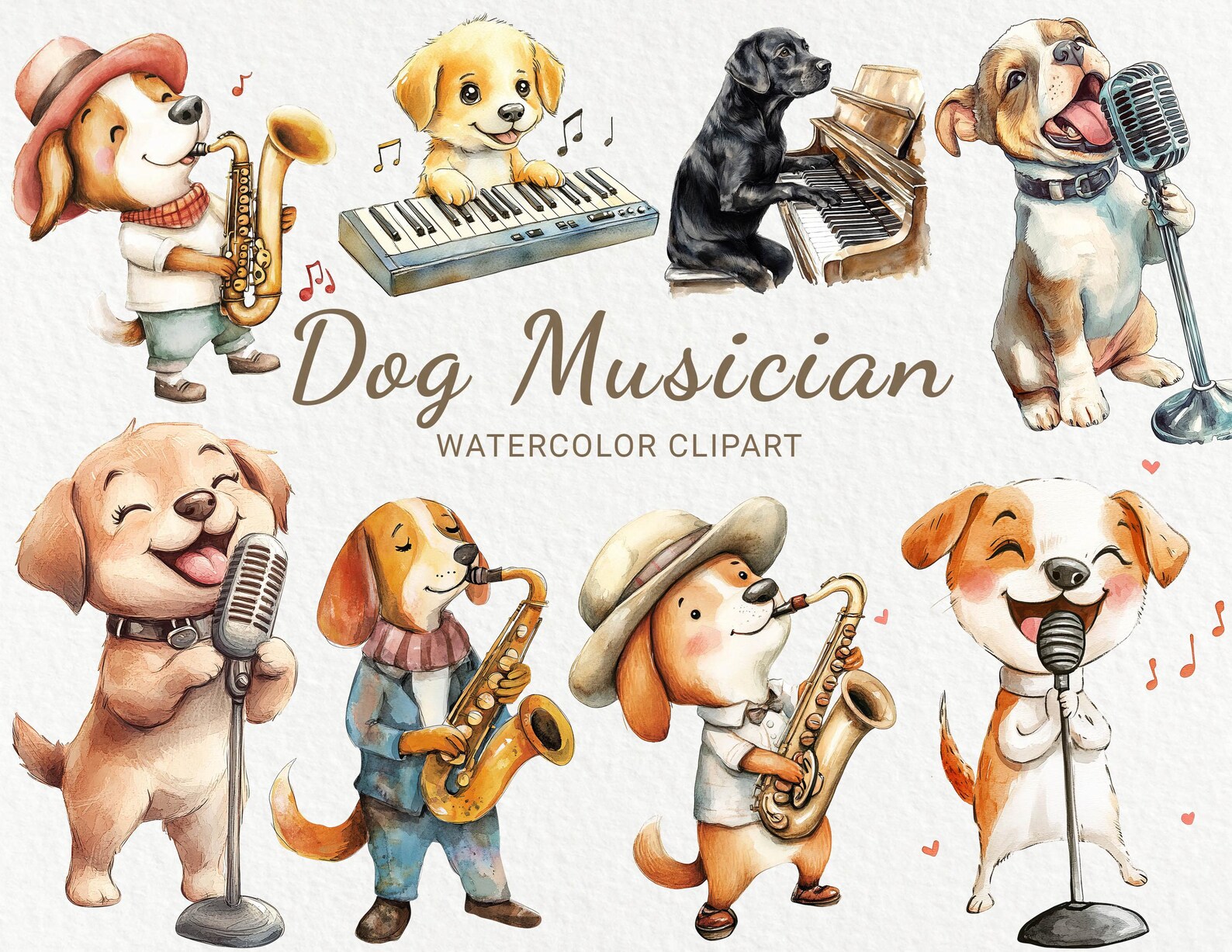 Dog Musician Watercolor Clipart - 24 PNG Dog Play Different Musical ...